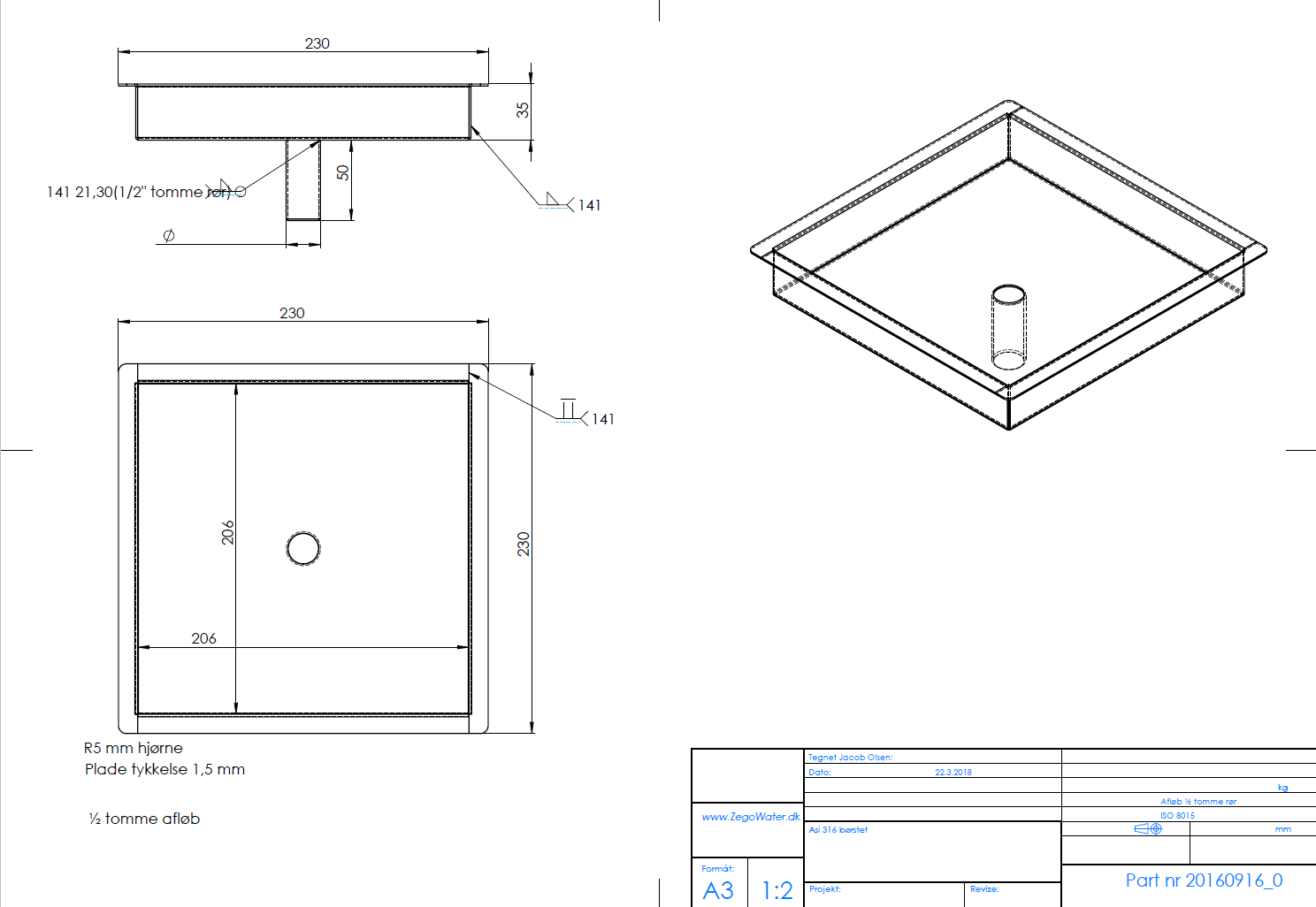 Buy Drip tray squar drain 230 mm milling - Offer: